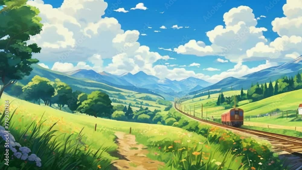 a character on a train journey through scenic countryside landscapes ...