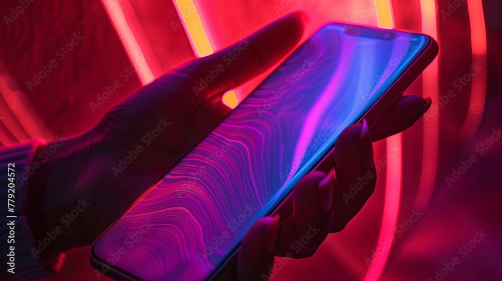 The hand holds a realistic cell phone with a bright screen saver on the ...