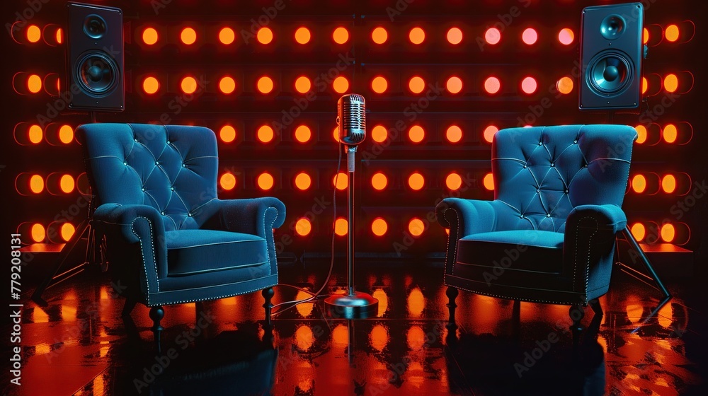 Elegant podcast studio with two blue armchairs in front of an old ...