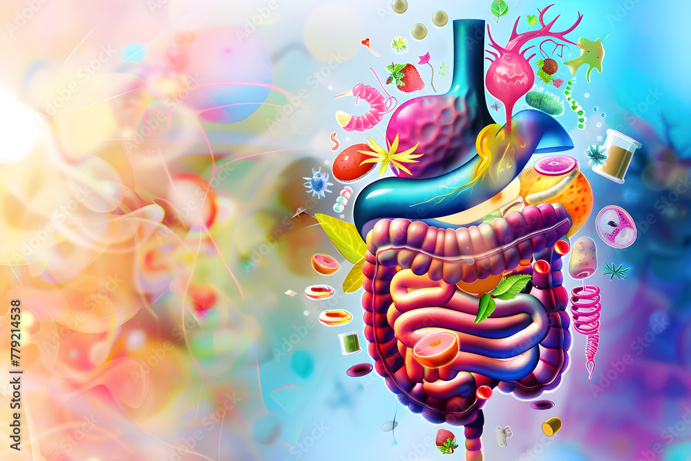 illustration digestive system with colorful visuals of organs like the ...