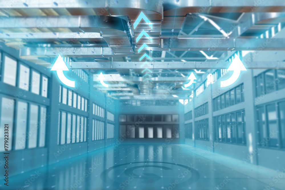 Ventilation pipes under roof of building. Air re circulation in room ...