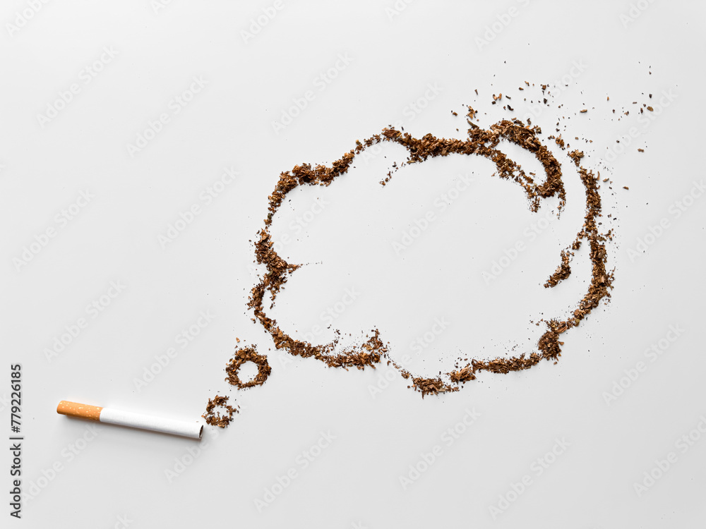 Cigarette with tobacco shaped into speech bubble on white background ...