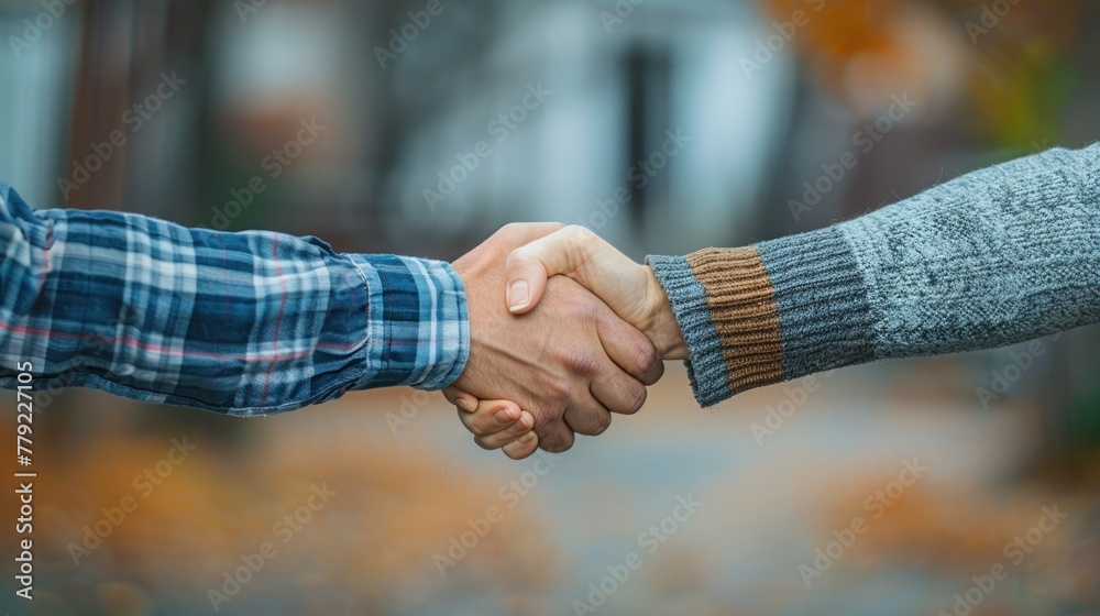 Closeup handshake people of friends greeting each other on blur ...