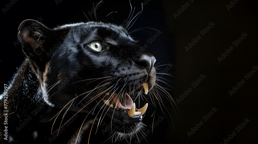 portrait of a black panther smiling showing teeth, photo studio set up ...