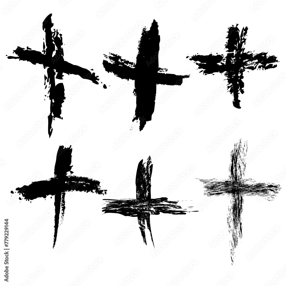 Dirty grunge hand drawn brush strokes crosses icon set vector ...