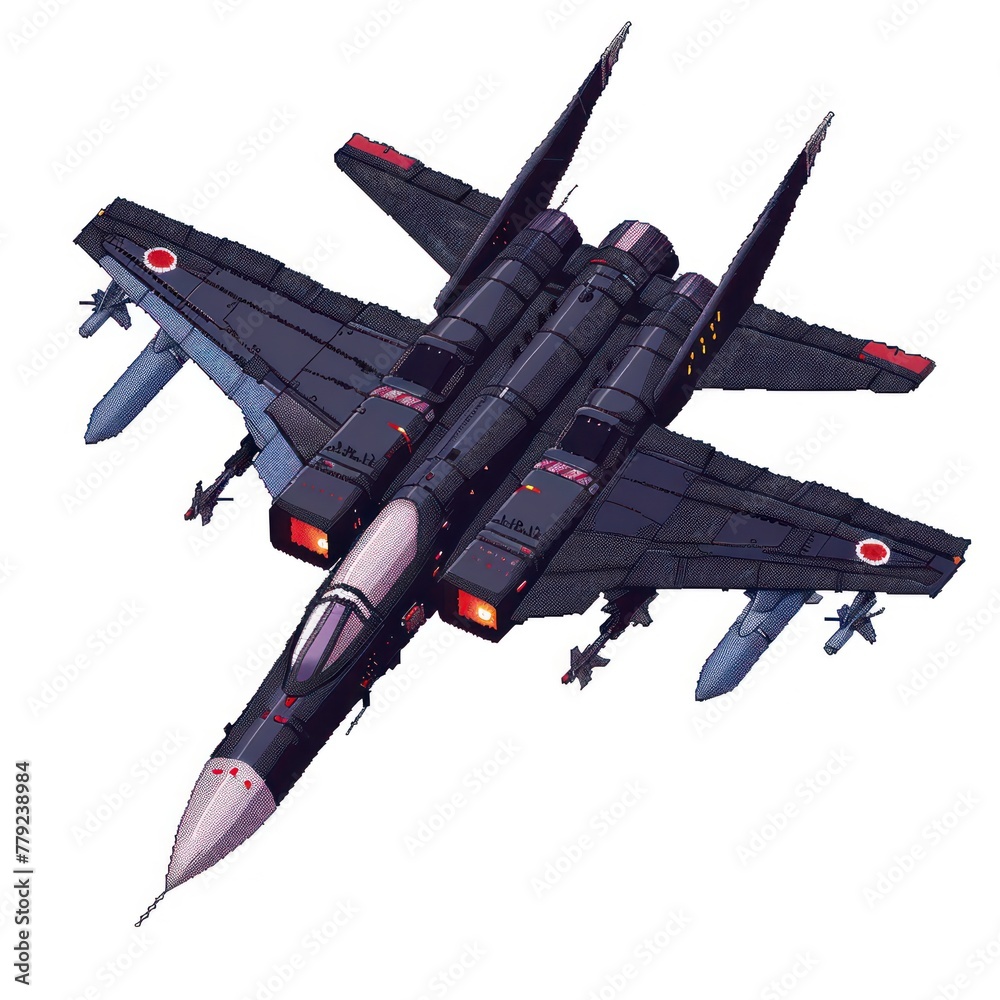 This image features a pixel art representation of a fighter jet with a ...