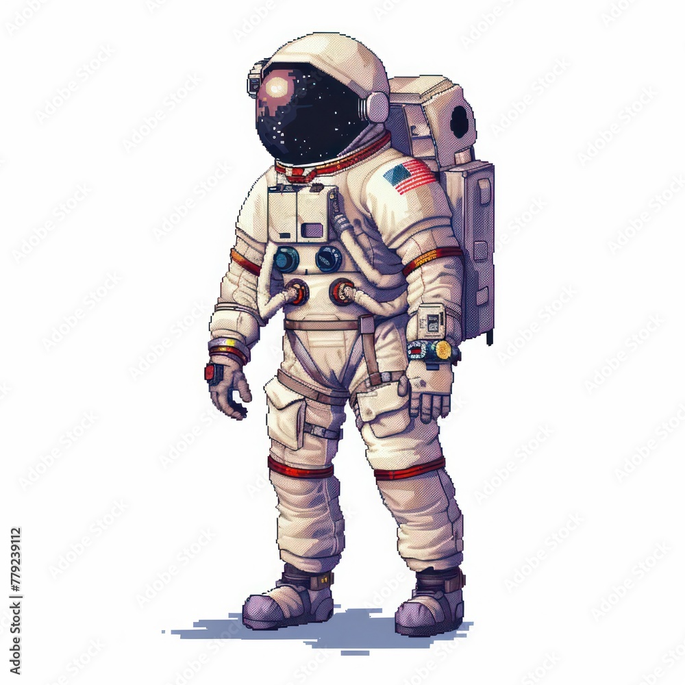 Pixel art depiction of an astronaut in a detailed spacesuit with a ...