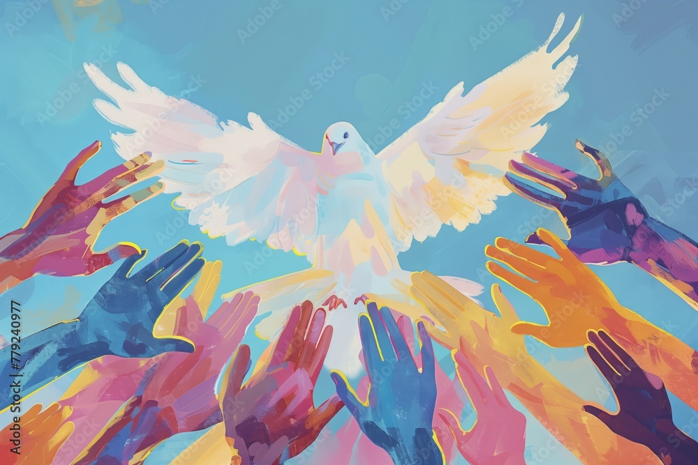 A painting of a white dove ascending above a diverse array of hands ...