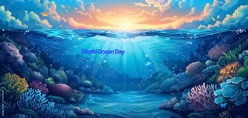 World Oceans day banner. World Ocean day wallpaper with blue ocean ...