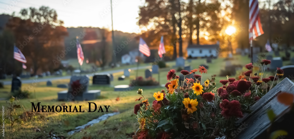 Memorial Day, National Cemetery. Small American flag and headstones ...