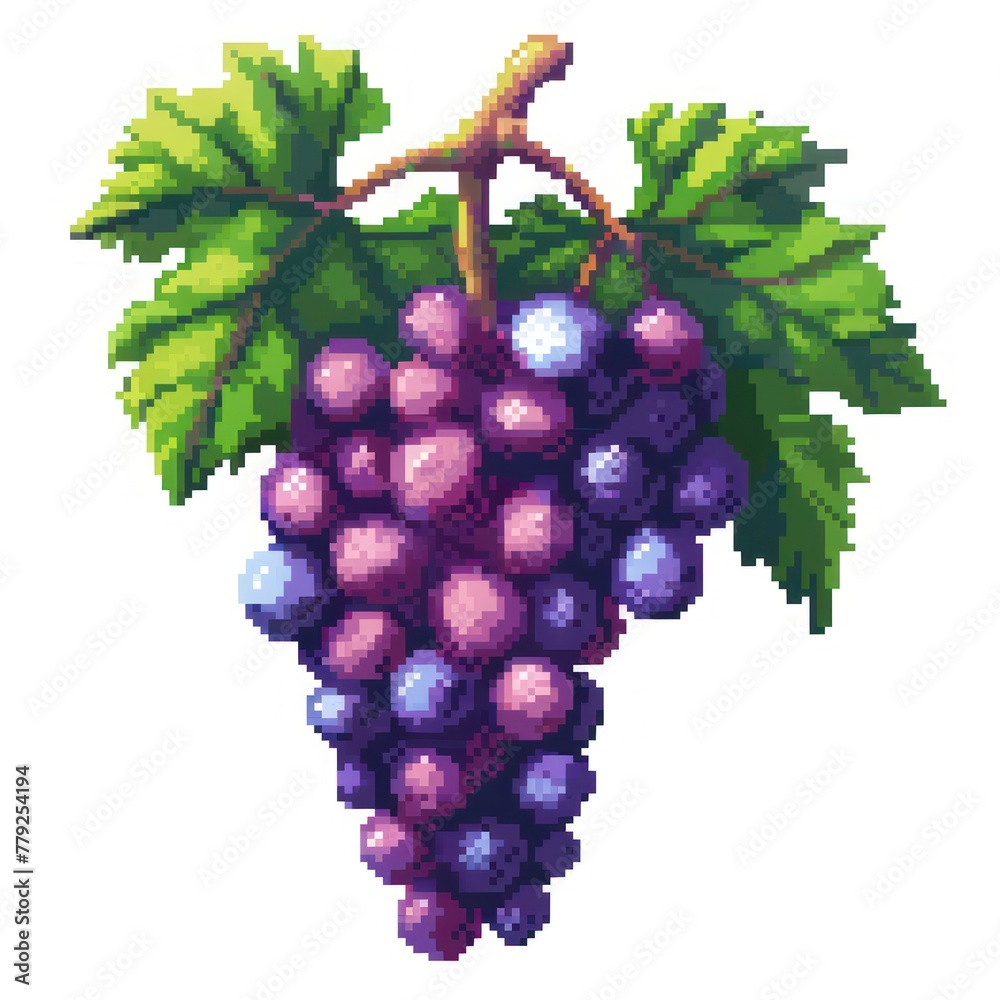 This image depicts a detailed bunch of purple grapes with leaves in ...