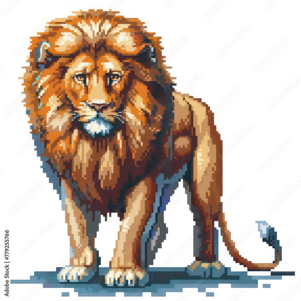Pixel art depiction of a proud lion standing, with a pixelated style ...