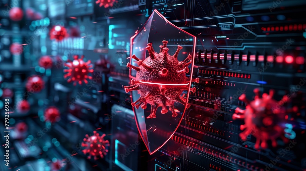 AntiVirus Software, Visualizing a shield blocking viruses and malware, Fraud Alert, Caution ...