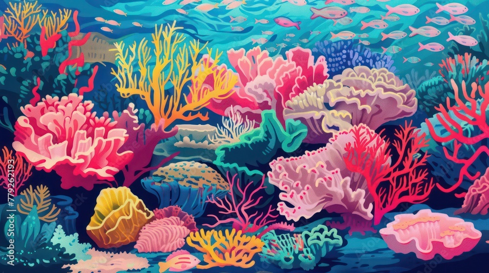 Vibrant illustration of a bustling underwater scene filled with diverse ...