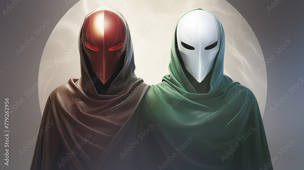 Futuristic image of two identical red and green entities or aliens ...