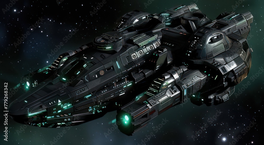 A highly detailed image of a futuristic, heavily armed spaceship ...