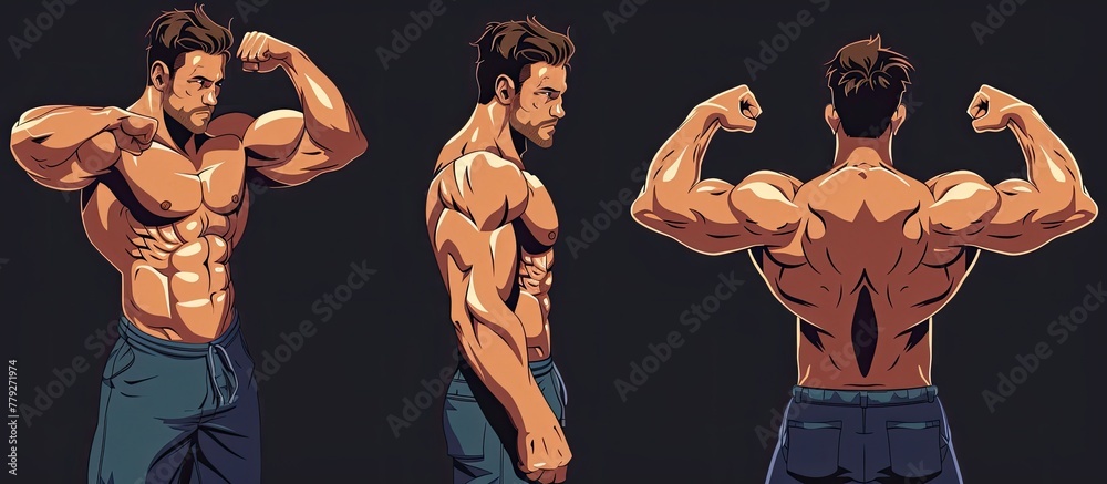A man is showcasing his muscles in three different poses, wearing a hat ...