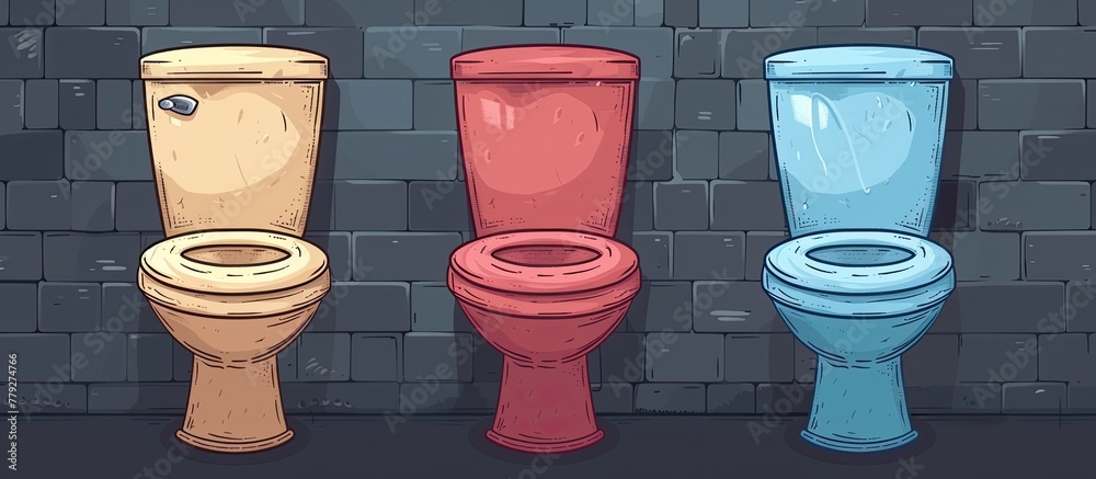 Three toilets of different colors are lined up next to each other in a ...