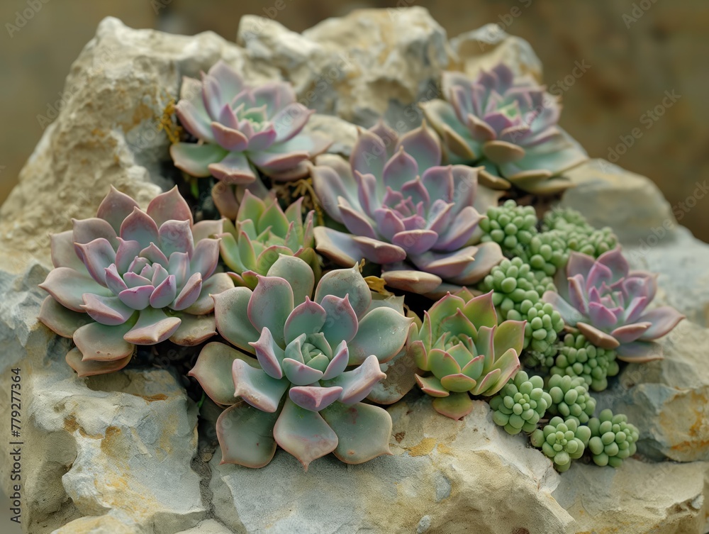 A group of succulents are growing on a rock. The succulents are of ...