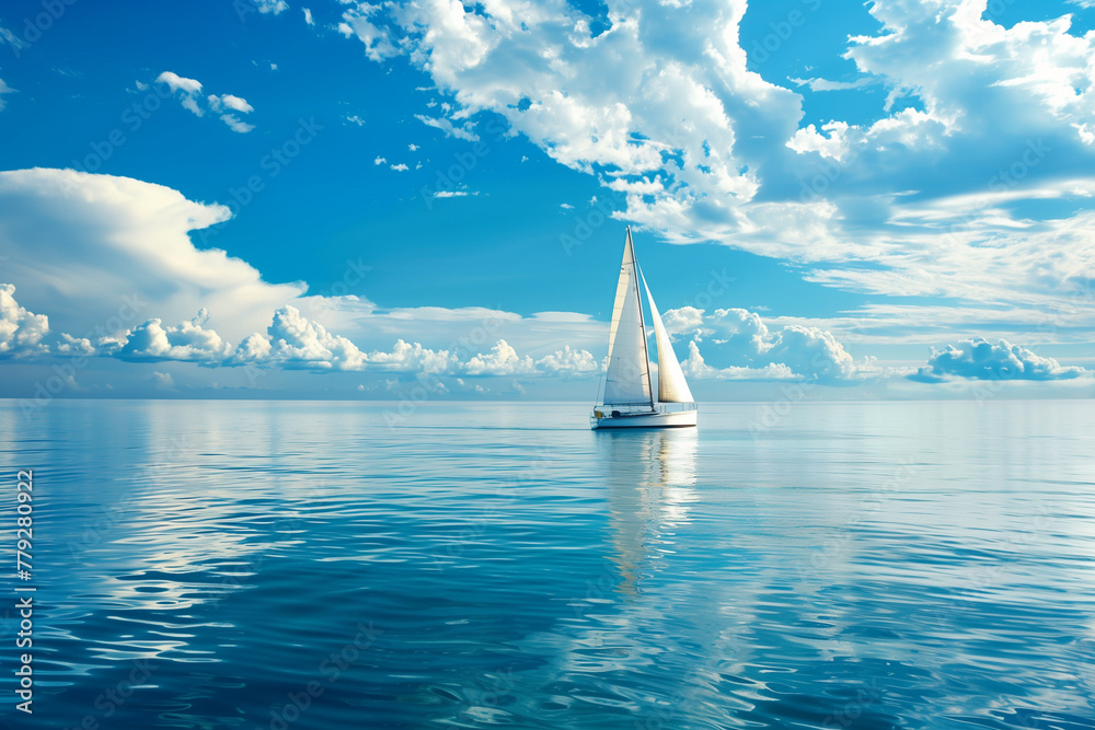 Sailboat sailing free on the big blue sea with a blue sky with clouds ...