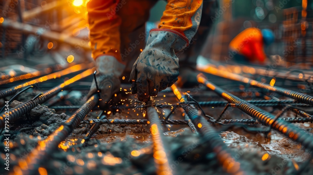 Snapshot of a rebar joint being secured by an ironworker, capturing the ...