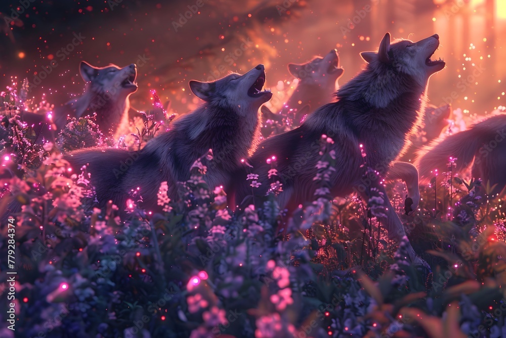 Wolves Howling in Glowing Flower Field Under Magical Starry Night Sky ...