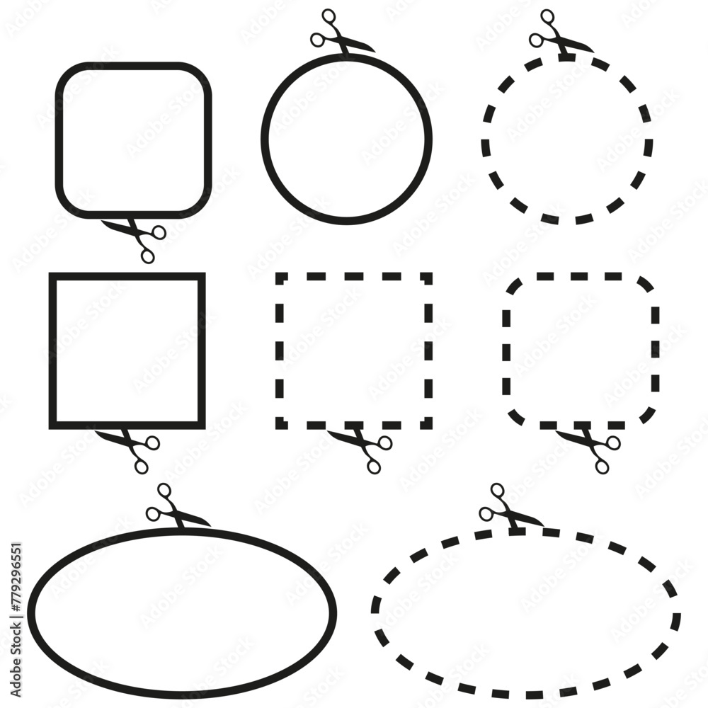 Scissor cut lines set. Circular, square, oval outlines. Coupon border ...