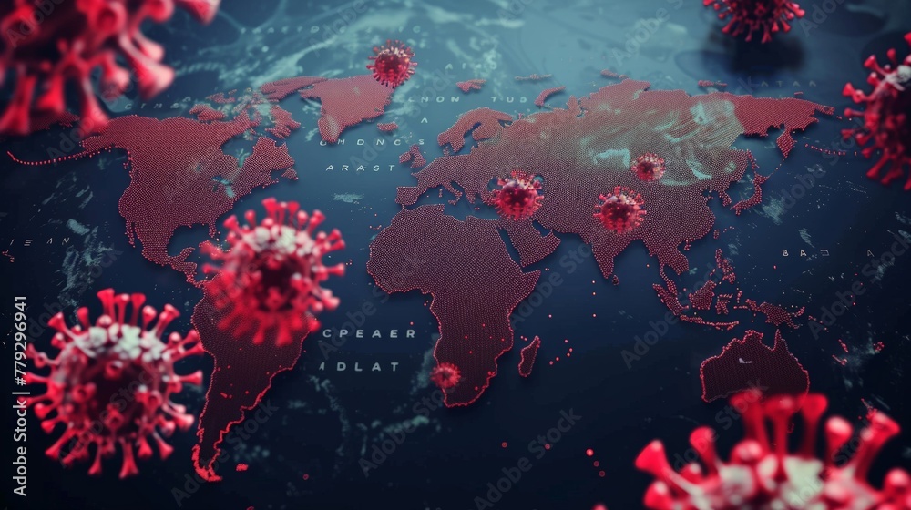 A map of the world showing the spread of a virus. The map shows how the ...