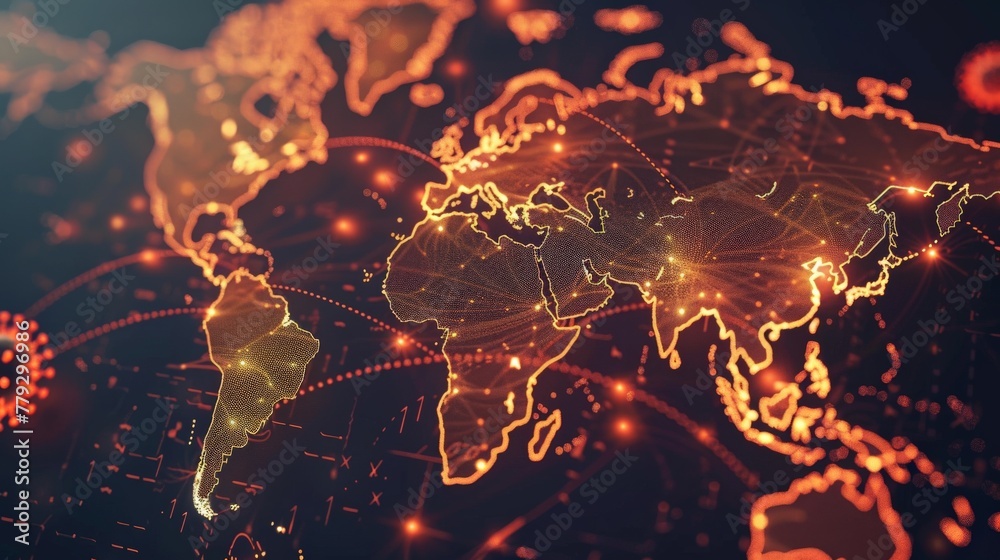 A map of the world showing the spread of a virus. The map shows how the ...