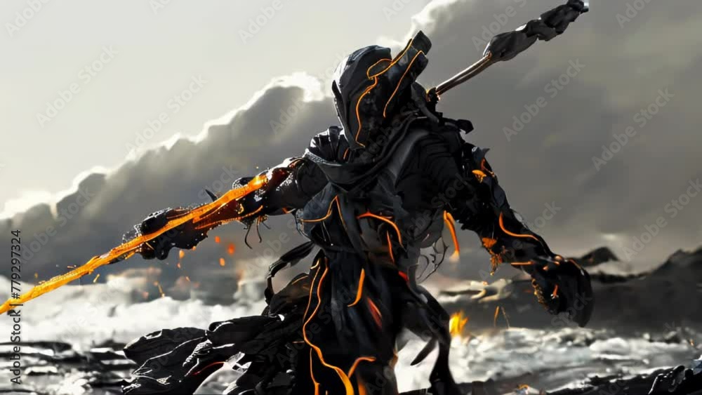 Amidst a raging sea of lava, a humanoid robot soldier stands engulfed ...
