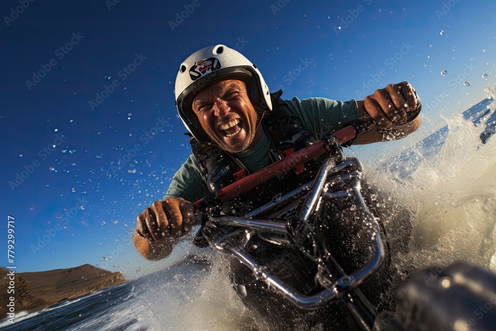 professional man water skiing, skillfully navigating through the waves ...