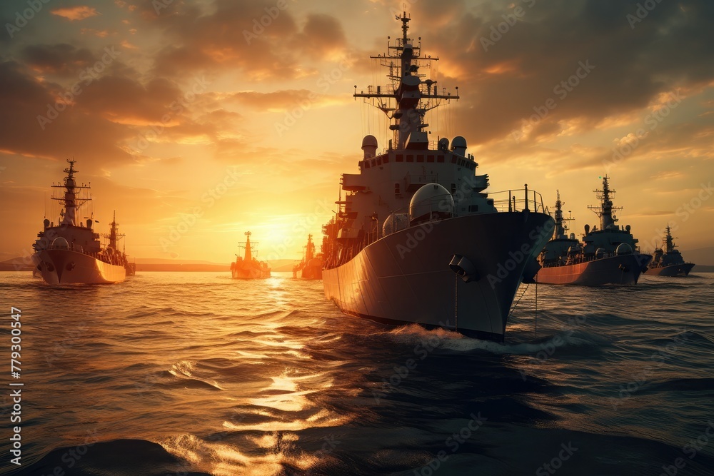 cinematic portrayal military navy ships in a sea bay during the golden ...