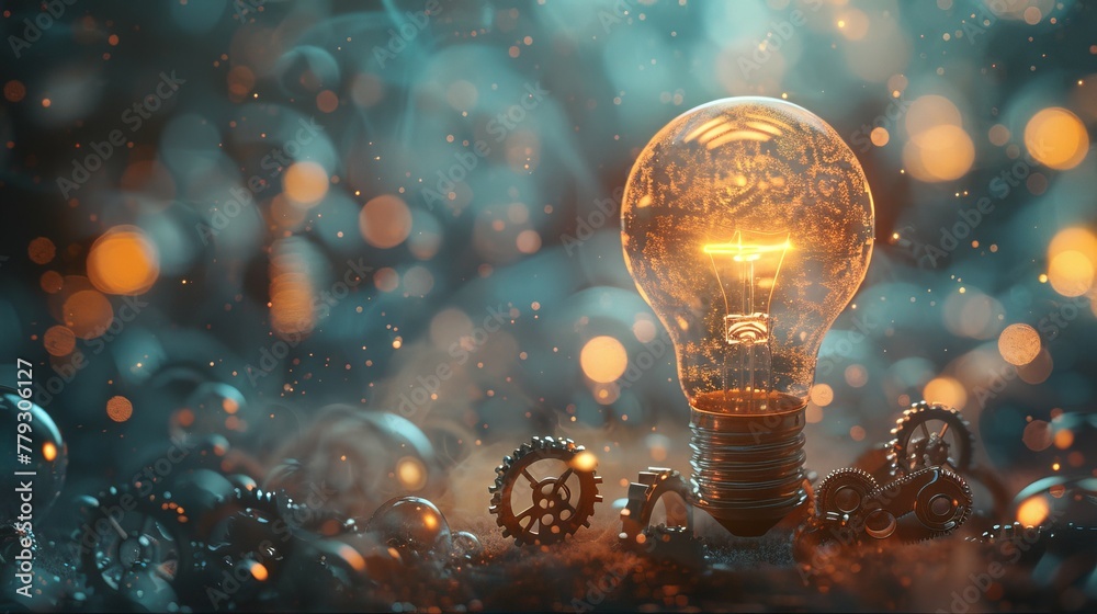 Surreal invention process visualized, with gears and light bulbs ...