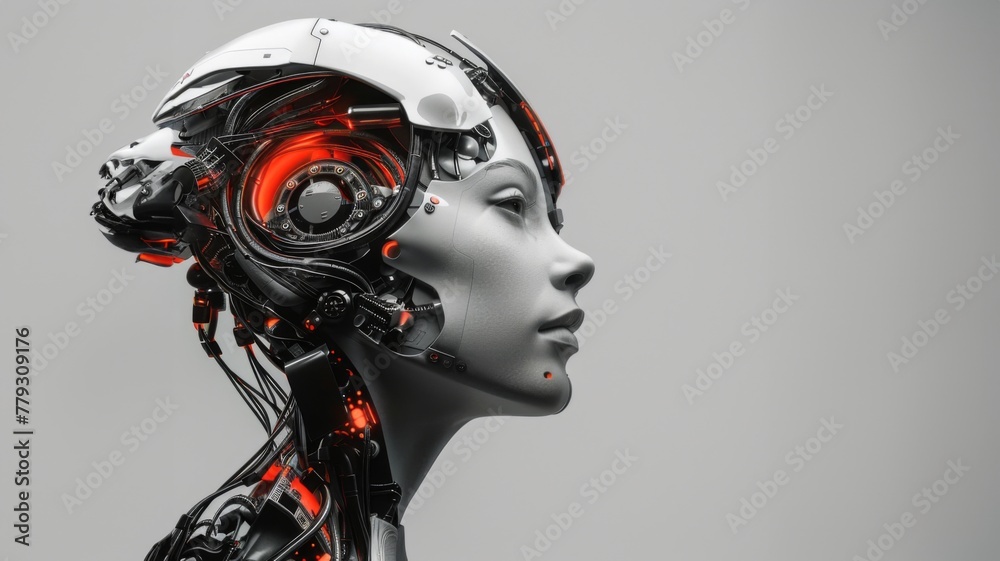 High-tech robot head with red lights - A high-tech robot head side ...