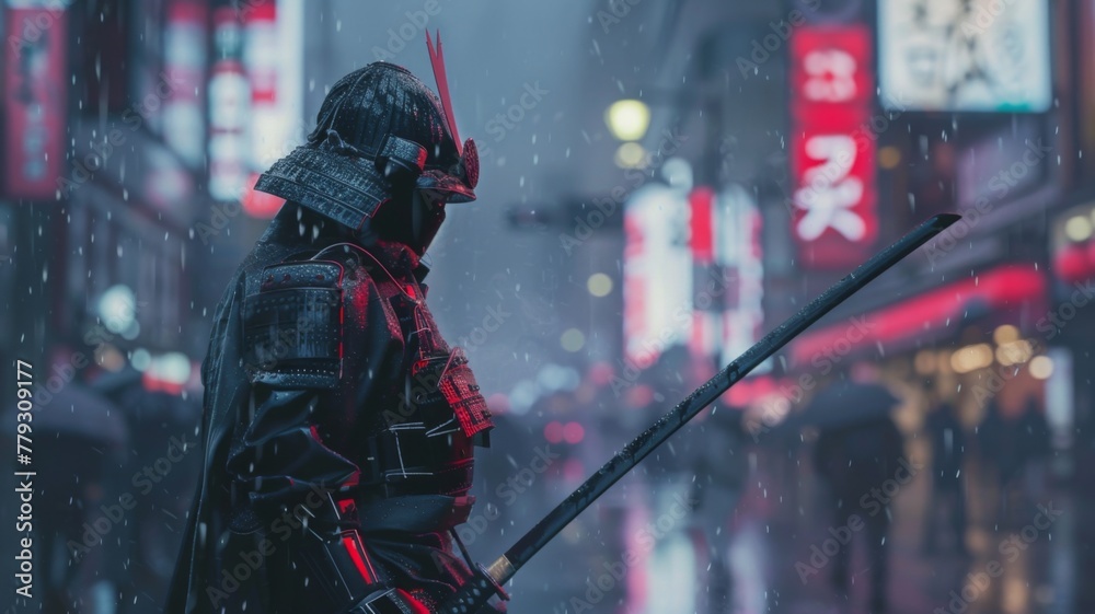 Samurai warrior in rainy cityscape with neon lights - A lone samurai in ...