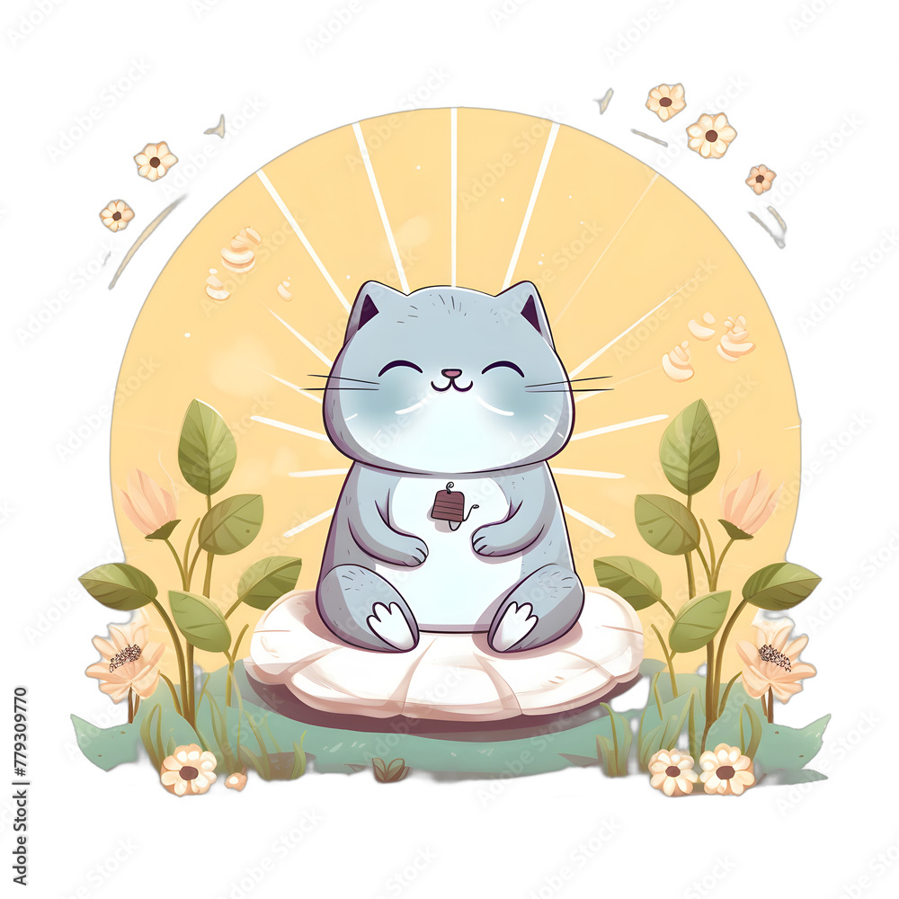 Contented Cartoon Cat Meditating with Flowers and Bees. - png isolated ...