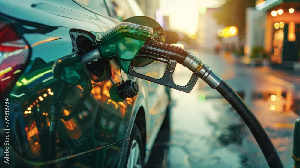 A closeup image of a cars gas tank being filled with clear greentinted ...