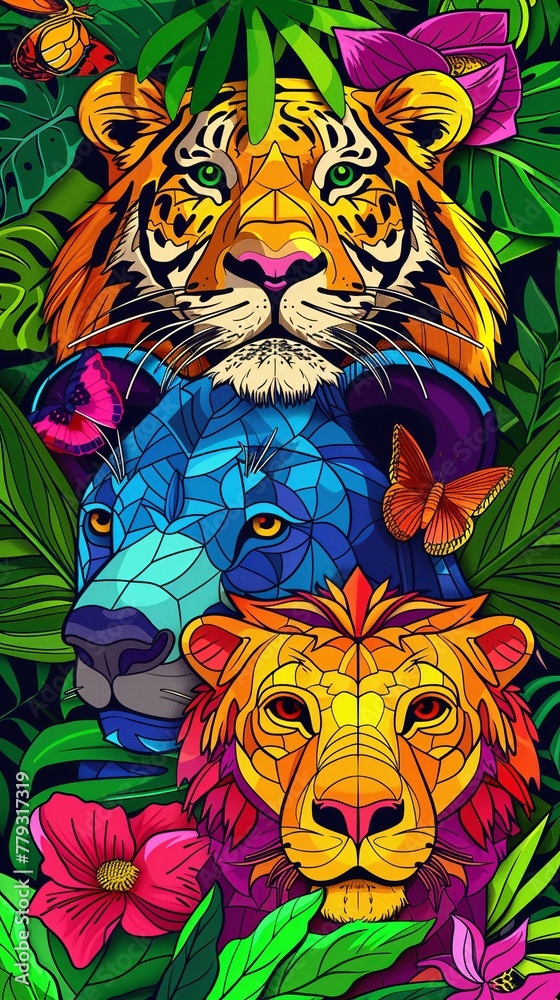 Coloring book cover, wildlife theme, outlined animals, ample margin for ...