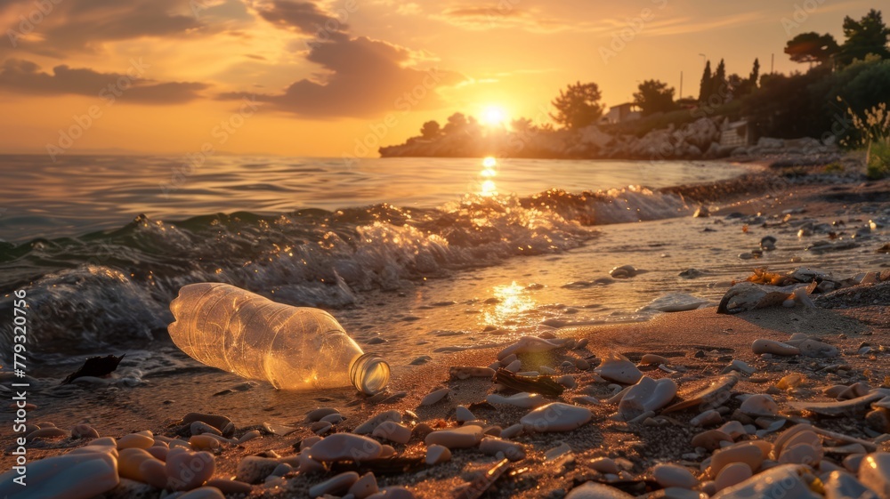 Sunset highlighting pollution on a seaside shore - As the sun sets, its ...