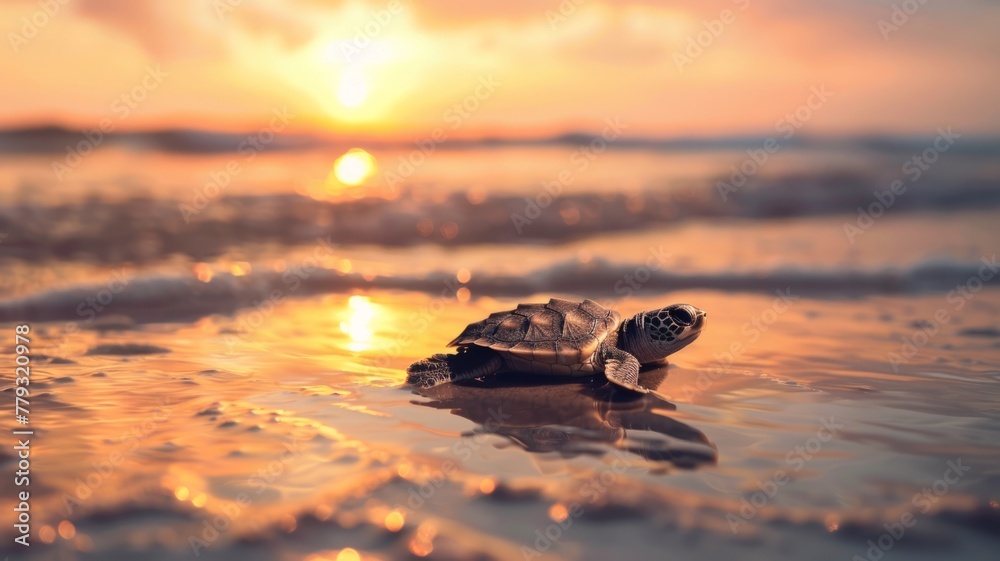 Tiny turtle travelling toward the sea at dusk - Photo captures a tiny ...