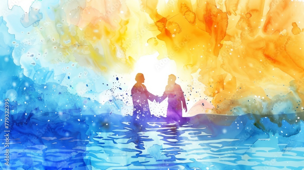 Baptism of Jesus in a vibrant watercolor ocean sunset - Vivid, colorful ...