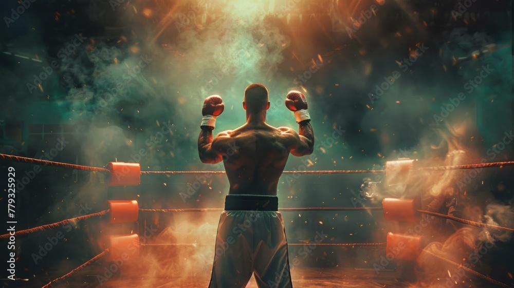 Boxer celebrating victory in atmospheric ring - An emotional scene of a ...