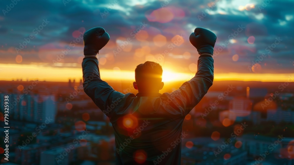 Businessman with arms raised towards city skyline - An inspiring image ...