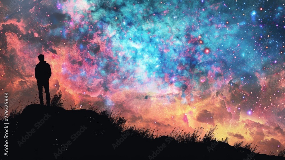 Person standing under a vibrant cosmic sky - An individual is seen from ...