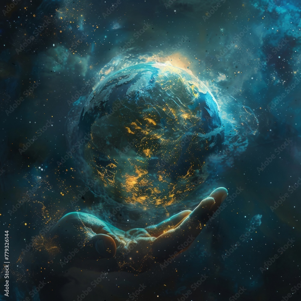 Hand holding the Earth in a cosmic setting - Our planet Earth gently ...