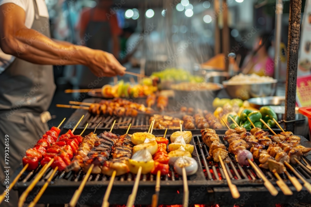 Grilled street food on display at night market - Sizzling skewers of ...
