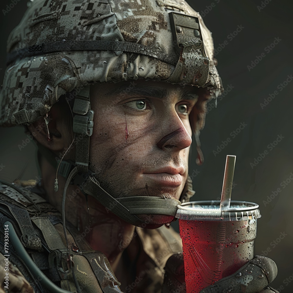 Soldier with soft drink, physautotype look, natural backlight, serene ...