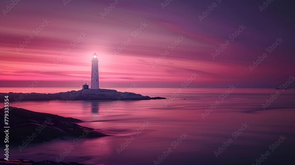 Beautiful lighthouse on the sea, calm water, pink sky, sunset. For ...
