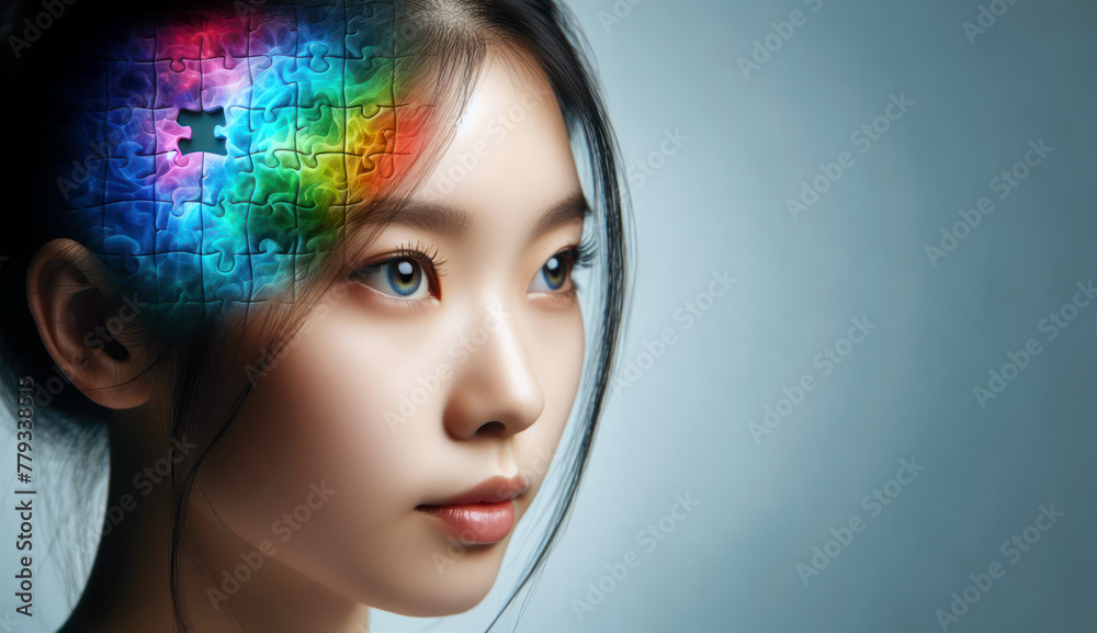 Multicolored brain-shaped symbol assembled from puzzle pieces on the ...