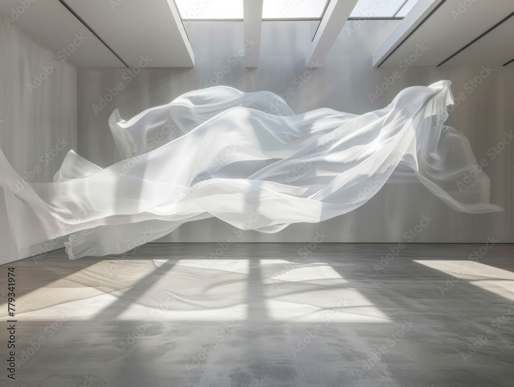 Abstract art installation with floating fabrics and light projections in an empty room, creating ...